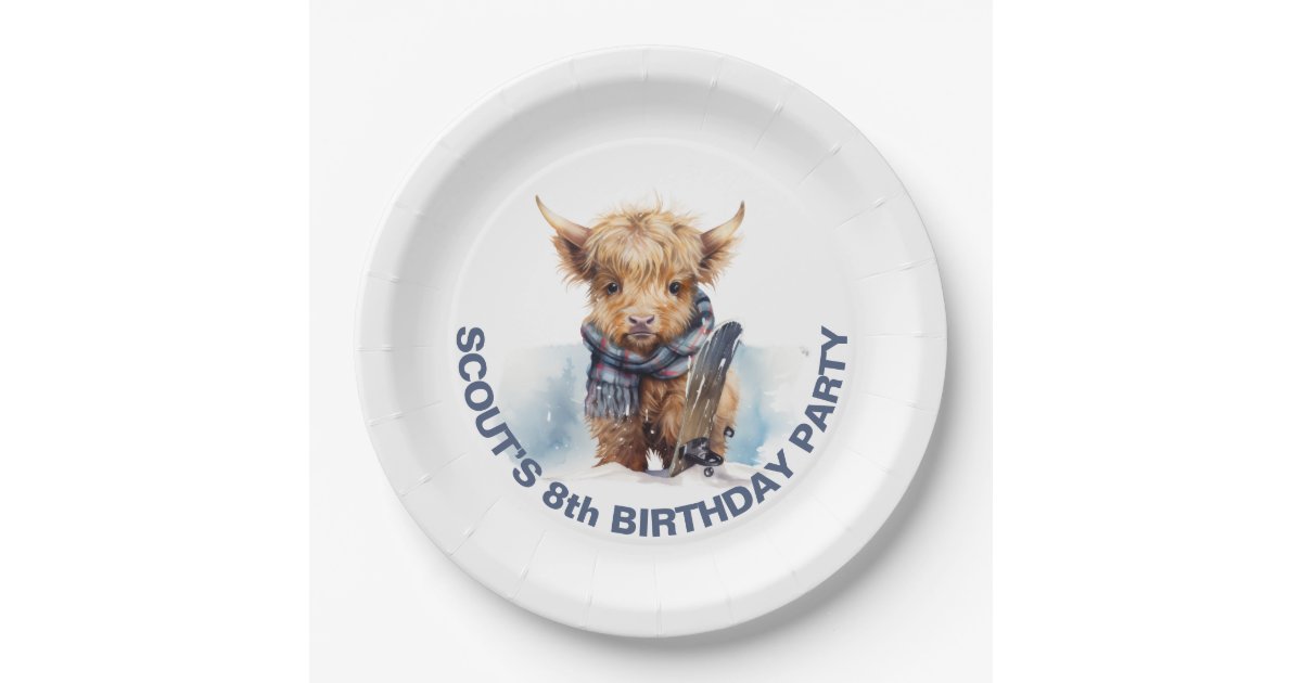 Personalised Snowboarding Highland Cow Paper Plate | Zazzle