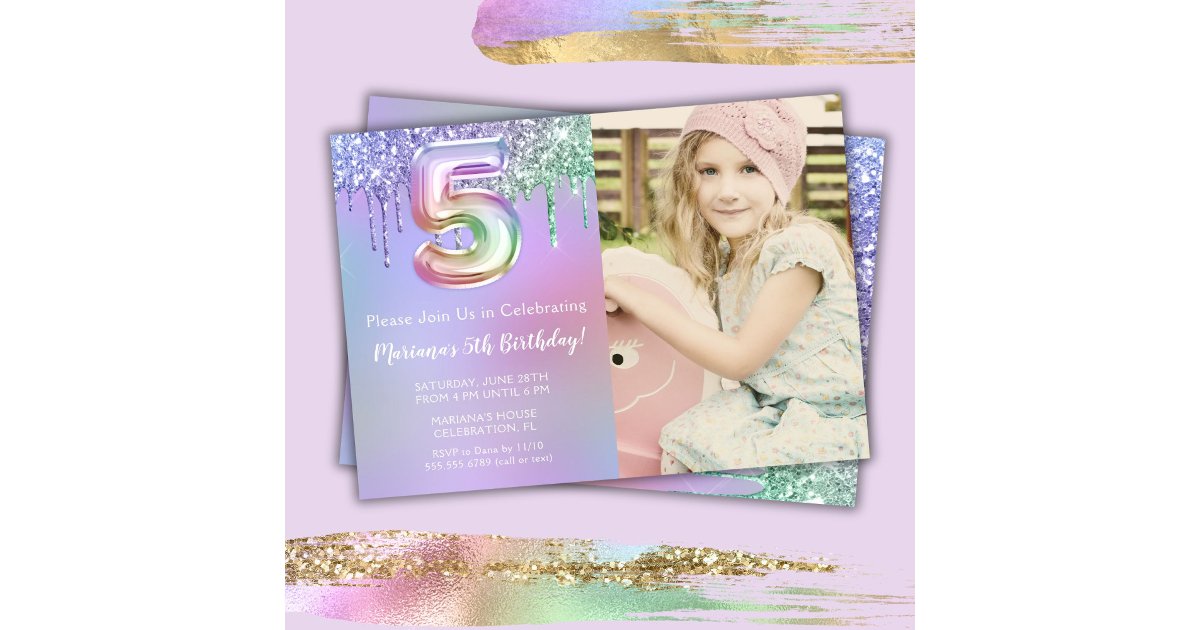Photo 5th Purple Pink Glitter Birthday Party Invitation | Zazzle