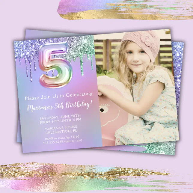 Photo 5th Purple Pink Glitter Birthday Party Invitation | Zazzle