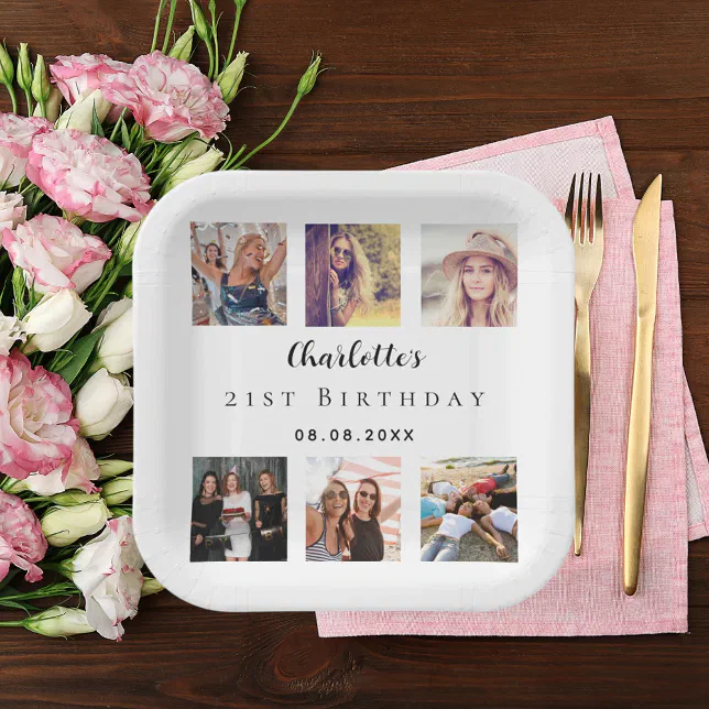 Photo collage white birthday party paper plate | Zazzle