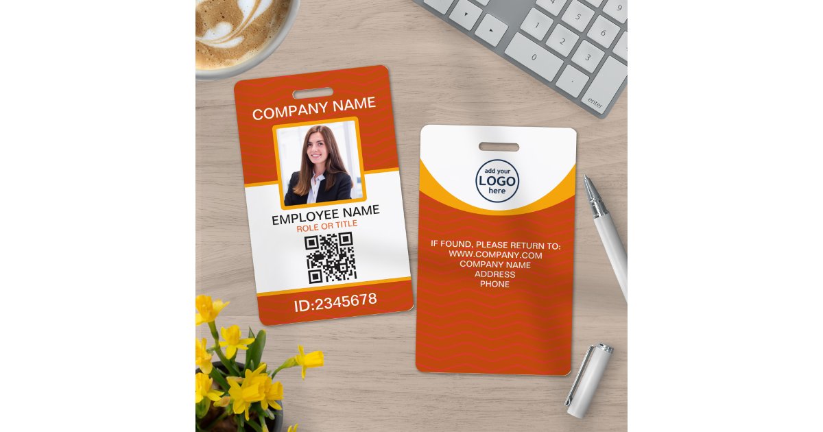 Photo Corporate Employee QR Code Orange Yellow ID Badge | Zazzle