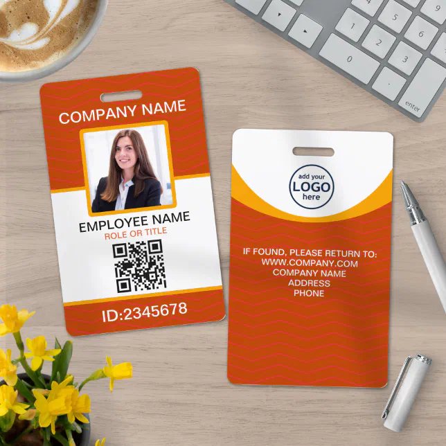 Photo Corporate Employee QR Code Orange Yellow ID Badge | Zazzle