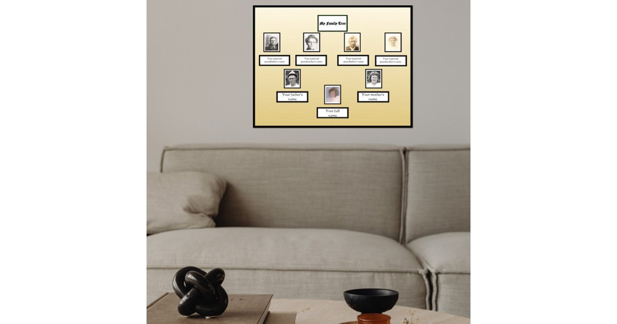 Photo Family Tree Black Border on Yellow Gradient Poster | Zazzle