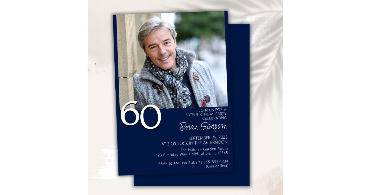 Photo Modern Minimalist Navy Blue 60th Birthday Invitation | Zazzle