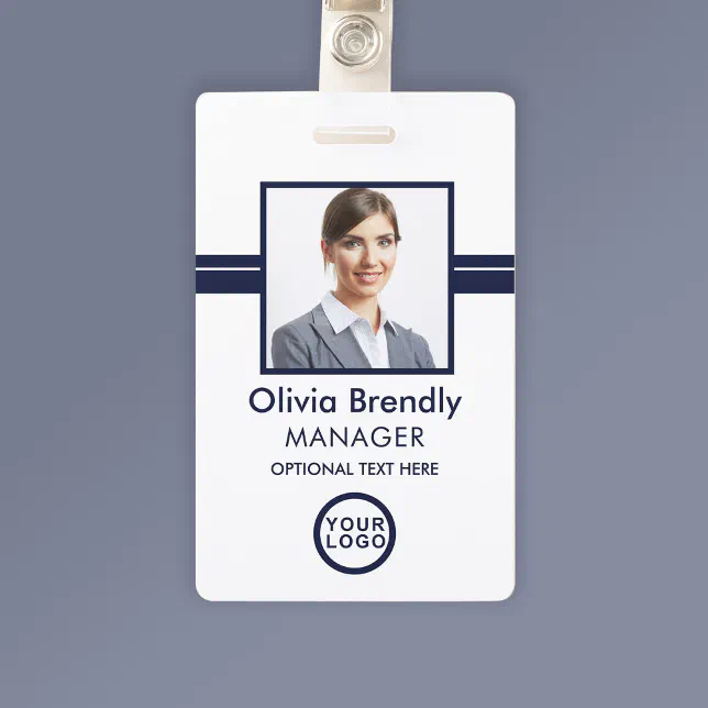 Photo Name Employee ID Badge | Navy White | Zazzle