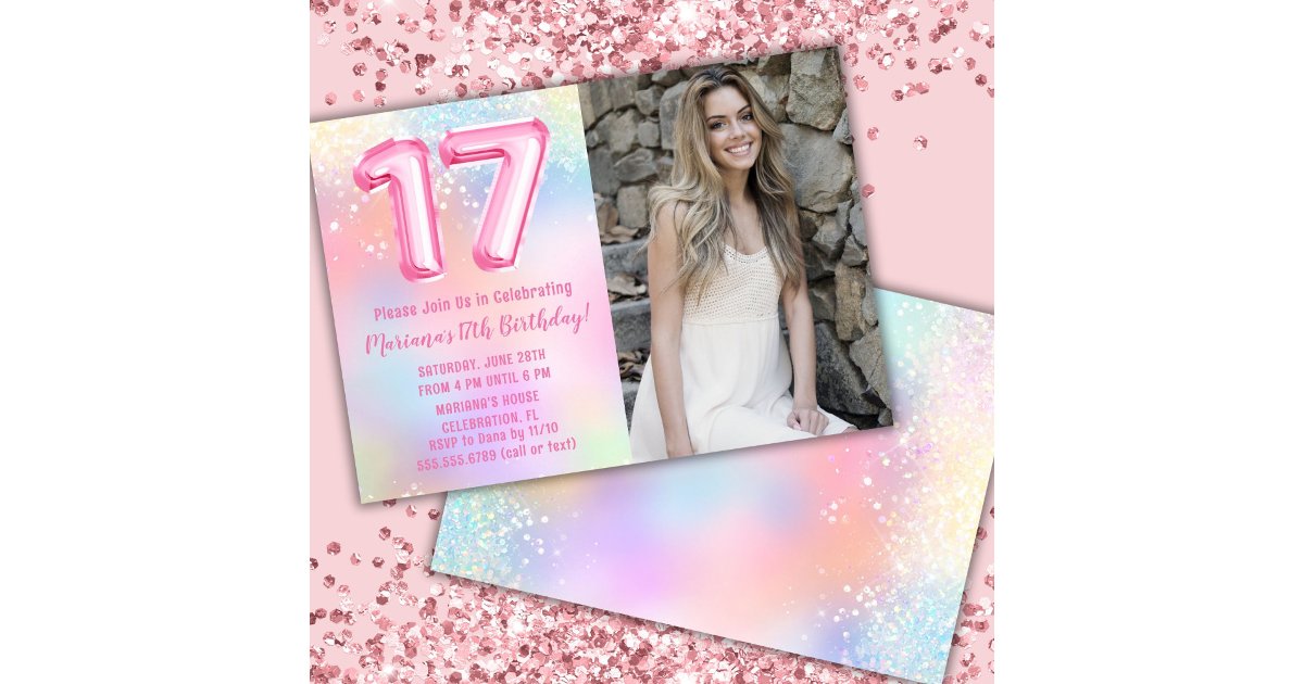 Photo Pink Rainbow 17th Birthday Invitation | Zazzle