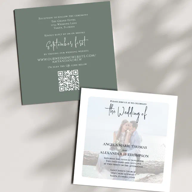 Photo QR Code RSVP Online Simple Moss Green Invitation | Zazzle