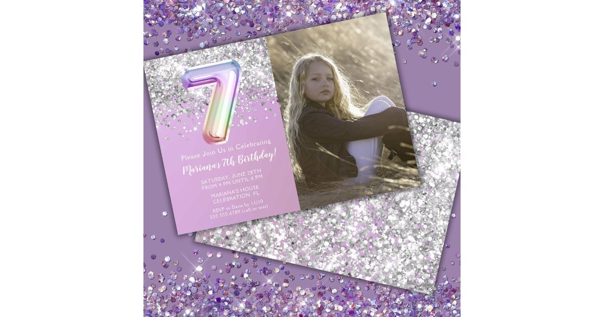 Photo Rainbow Sparkle 7th Birthday Invitation | Zazzle