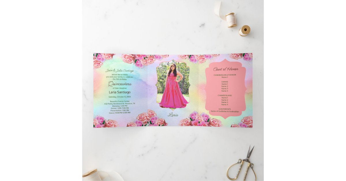 Photo Spanish Pink Roses Rainbow Quinceanera Tri-Fold Invitation | Zazzle