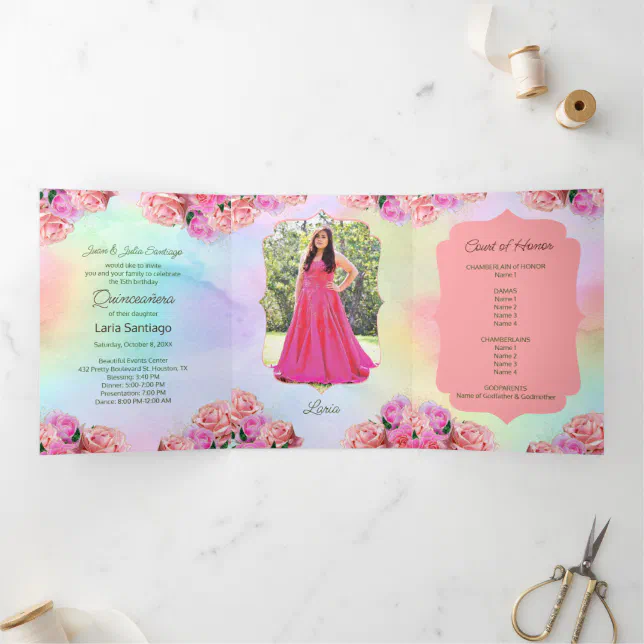 Photo Spanish Pink Roses Rainbow Quinceanera Tri-Fold Invitation | Zazzle