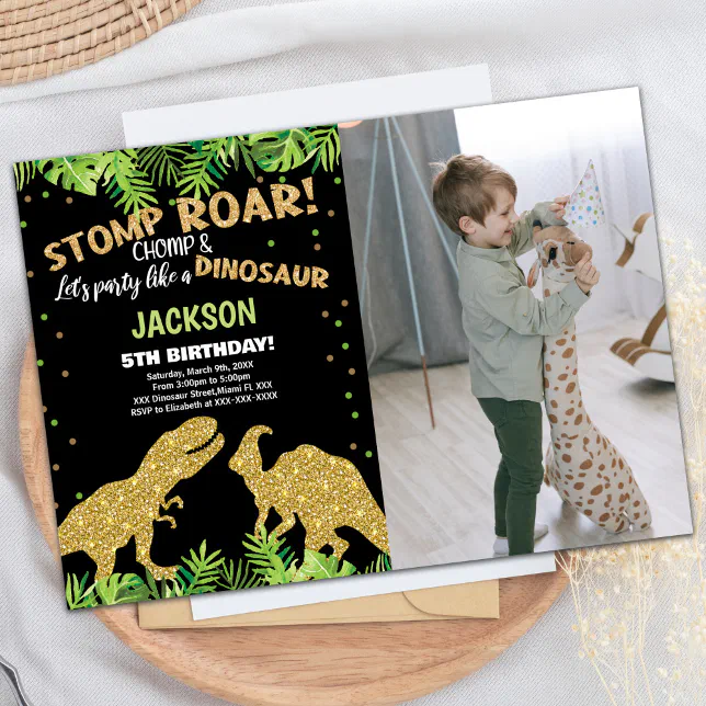 Photo Stomp Roar Glitter Dinosaur Birthday Invitation | Zazzle