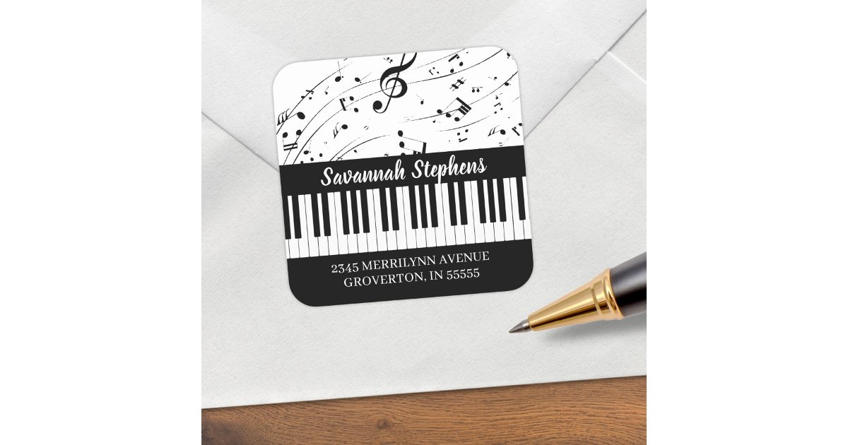Piano Keyboard Music Notes Custom Return Address Square Sticker | Zazzle