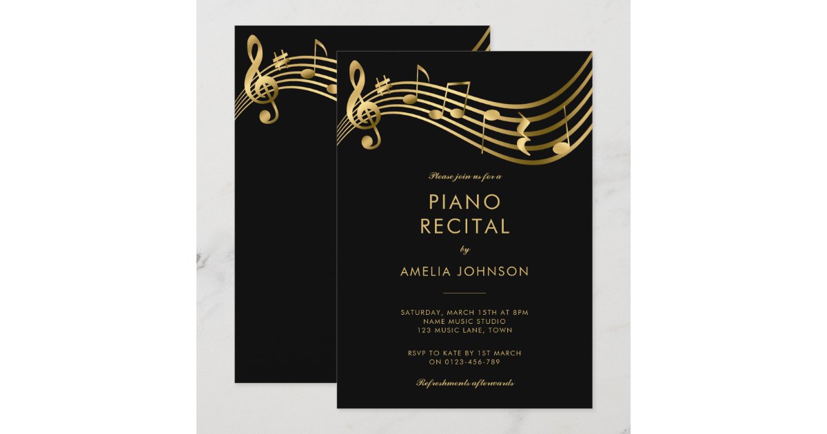 Piano Recital Gold Music Notes Elegant Invitation | Zazzle