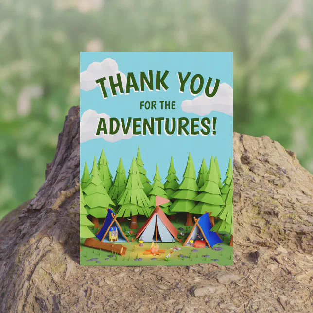 Pine Trees Kids Adventure Camping Birthday Party Thank You Card | Zazzle