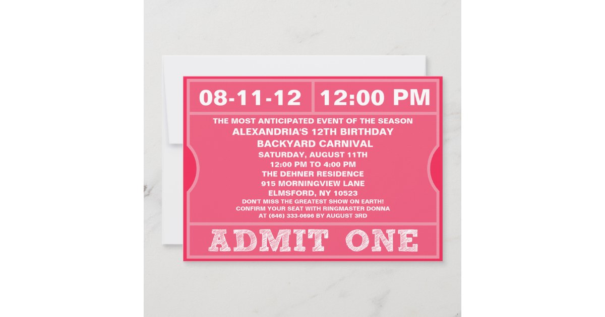 Pink Admit One Ticket Invitation Birthday Party | Zazzle