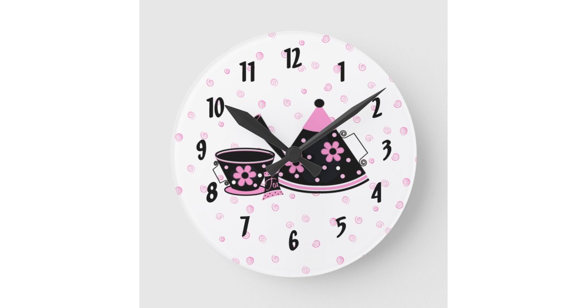 Pink and Black Teapot Kitchen Clock | Zazzle