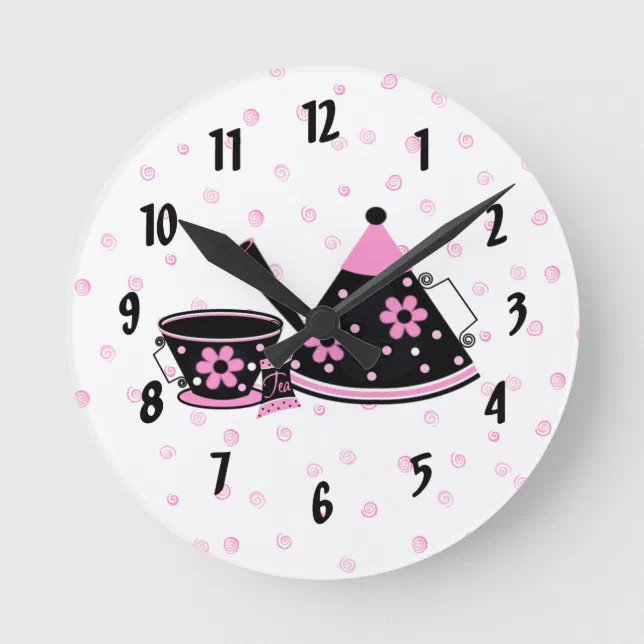 Pink and Black Teapot Kitchen Clock | Zazzle