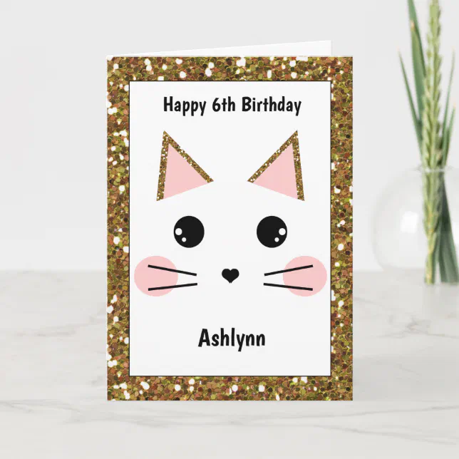 Pink and Gold Glitter Cat Birthday Card | Zazzle