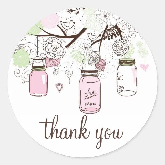 Pink and Mint Green Mason Jars Thank You Sticker | Zazzle