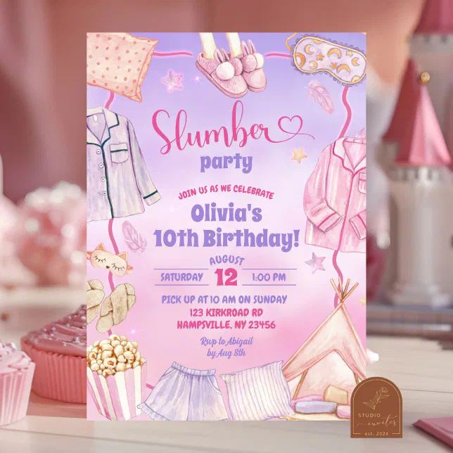 Pink and Purple Sleepover Slumber Birthday Party Invitation | Zazzle