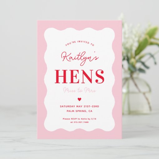 Pink and Red Wavy Hen Weekend Party Invitation | Zazzle