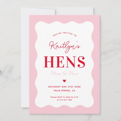 Pink and Red Wavy Hen Weekend Party Invitation | Zazzle