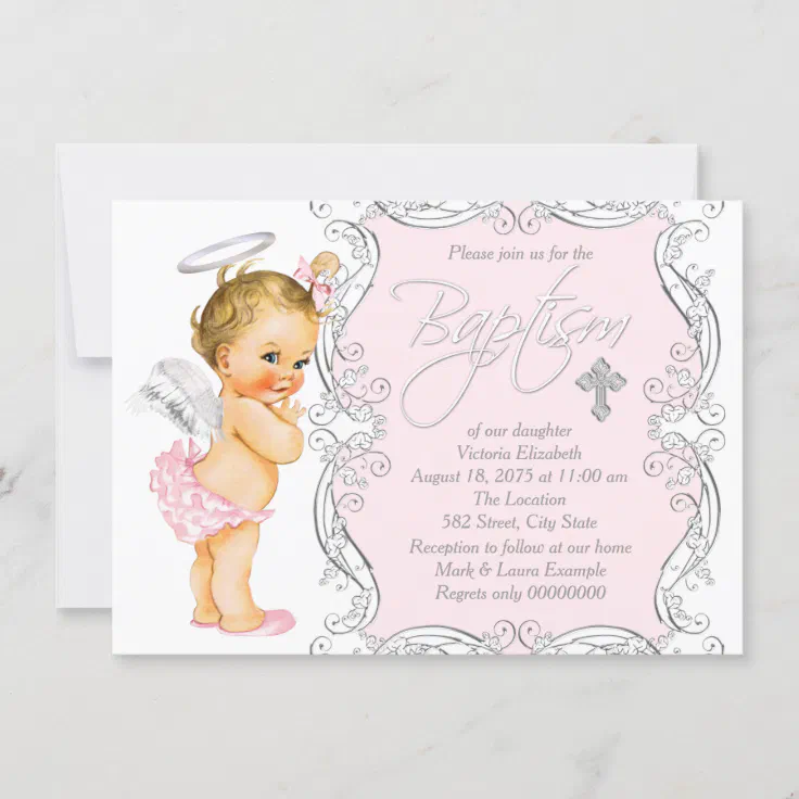 Pink Angel Baptism Invitation | Zazzle