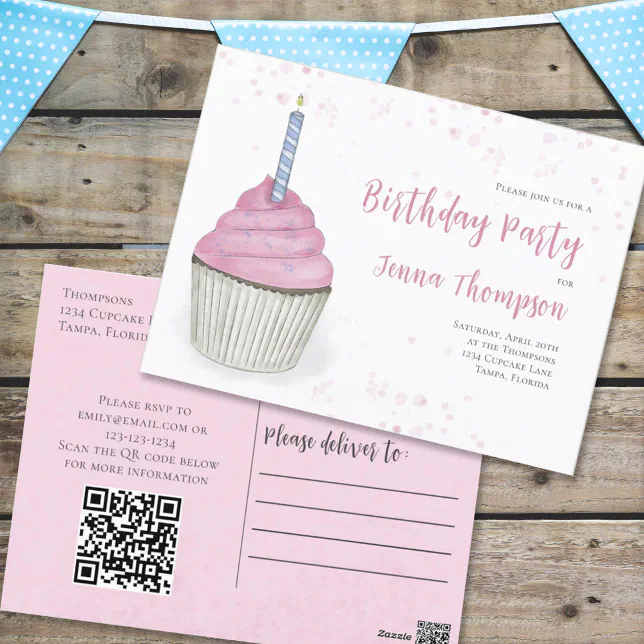 Pink Birthday Whimsical Cute Cupcake QR Code Postcard | Zazzle