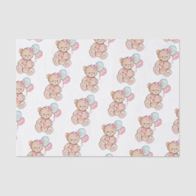 Pink & Blue Balloons & Teddy Bear Baby Girl Tissue Paper | Zazzle