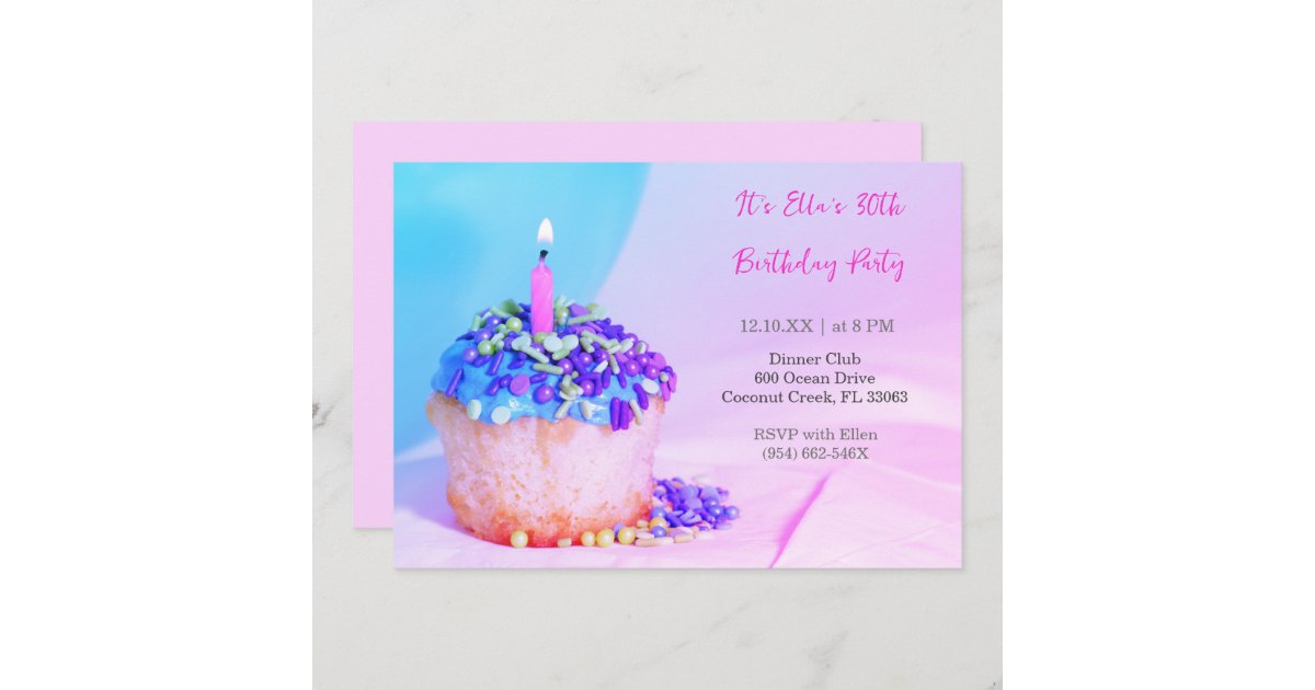 Pink Blue Cupcake Colourful 30th birthday Invitation | Zazzle
