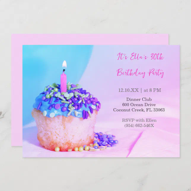 Pink Blue Cupcake Colourful 30th birthday Invitation | Zazzle