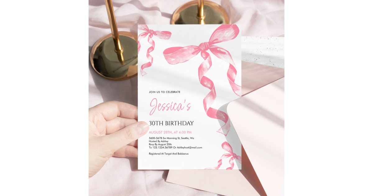 Pink Bow Birthday Invitation | Zazzle