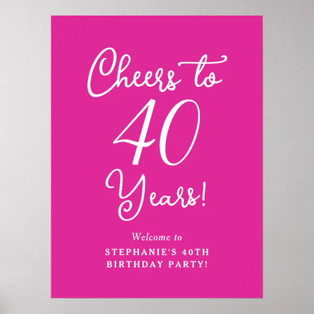 Pink Cheers to 40 Years 40th Birthday Welcome Sign | Zazzle