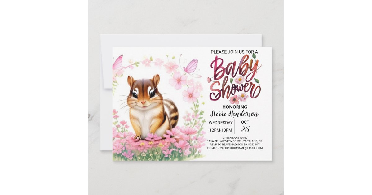 Pink Chipmunk Blooms Girl Baby Shower Invitation | Zazzle