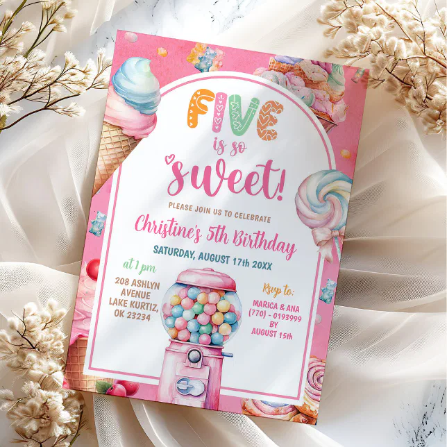 Pink Colourful Pastel Candies Kid's 5th Birthday Invitation | Zazzle