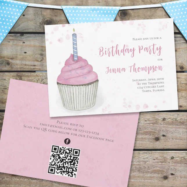 Pink Cute Cupcake QR Code Social Media Simple Invitation | Zazzle