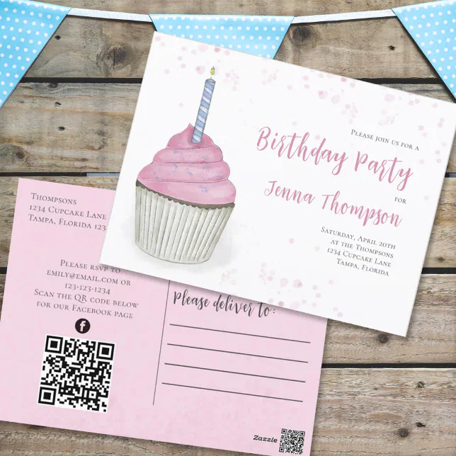 Pink Cute Cupcake QR Code Social Media Whimsical Postcard | Zazzle