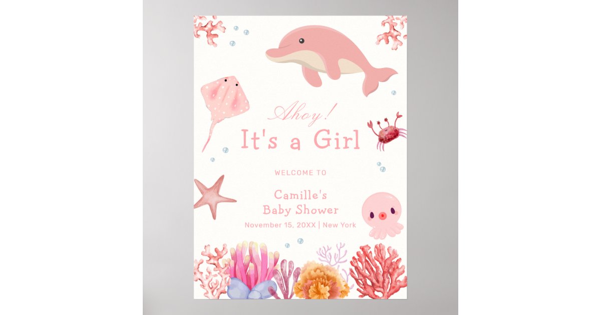 Pink Cute Under Sea Dolphin Baby Shower Welcome Poster | Zazzle