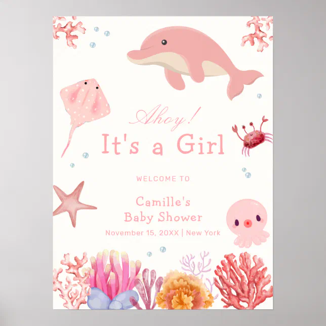 Pink Cute Under Sea Dolphin Baby Shower Welcome Poster | Zazzle