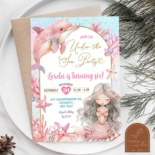 Pink Dolphin Mermaid Sea Party Birthday Girl Invitation | Zazzle