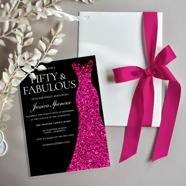 Pink Dress Fifty & Fabulous 50th Birthday Black Invitation | Zazzle