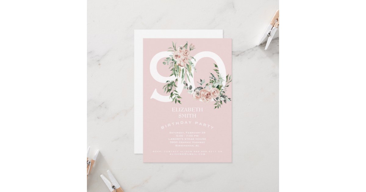 Pink Elegant 90th Birthday Party Invitation | Zazzle