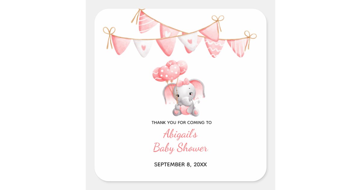Pink Elephant Balloons Baby Shower Square Sticker | Zazzle