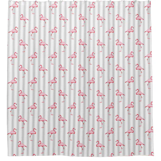 Pink Flamingo Illustration Tropical Pattern Stripe Shower Curtain | Zazzle