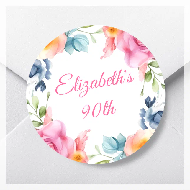 Pink Floral 90th Birthday Party Favour Classic Round Sticker | Zazzle
