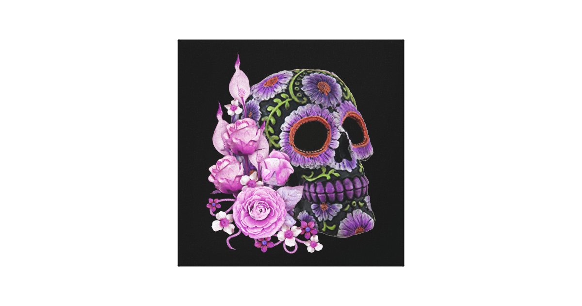 Pink Floral Black Sugar Skull Day Of The Dead Canvas Print Zazzle