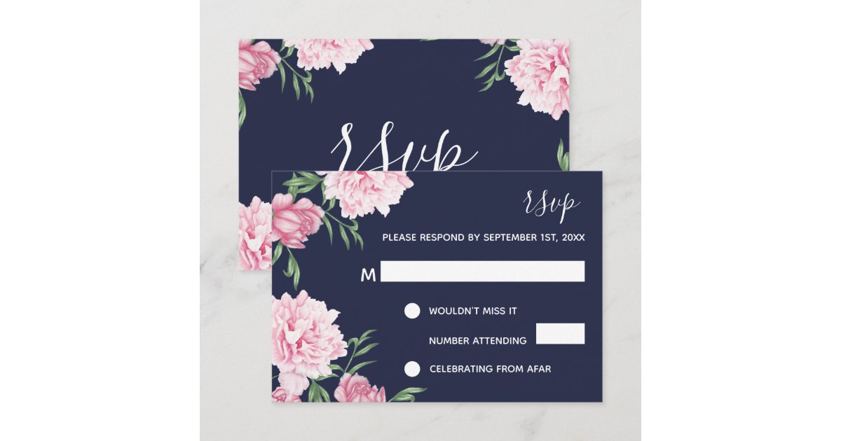 Pink Floral & Navy Background | RSVP Invitation | Zazzle