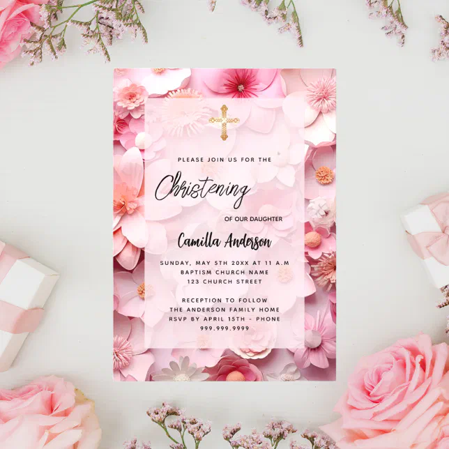 Pink flowers baby girl Christening Invitation | Zazzle