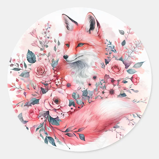Pink Fox Floral Watercolor Art Classic Round Sticker | Zazzle