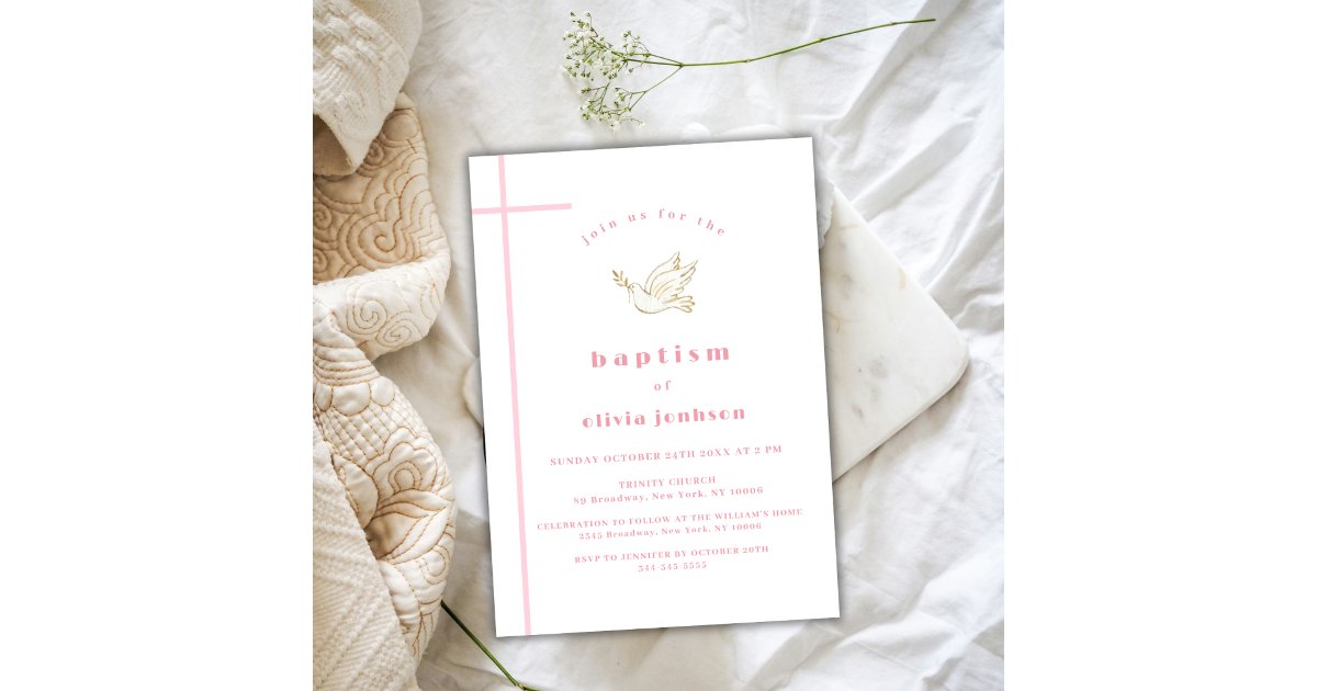 Pink French Simple Bird Christening Girl Baptism Invitation | Zazzle